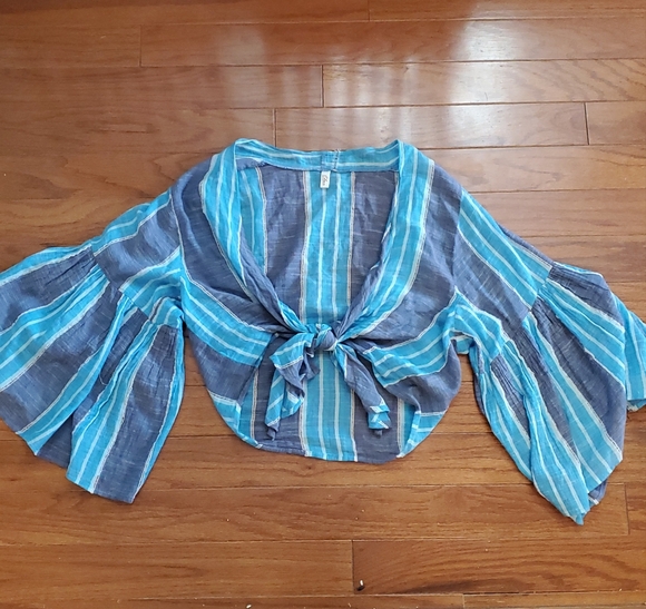 Elan | Tops | Elan Womens Bell Sleeves Wrap Blouse Blue Stripe One Size ...